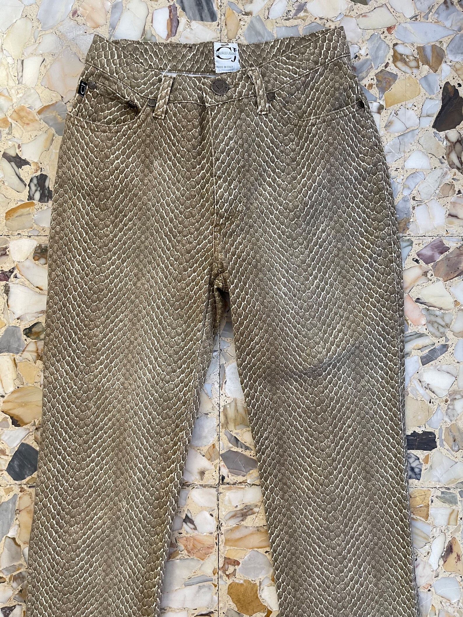 90s Cavalli Beige Snake Skin Euro Trash Stretch Skinny Jeans Extra ...