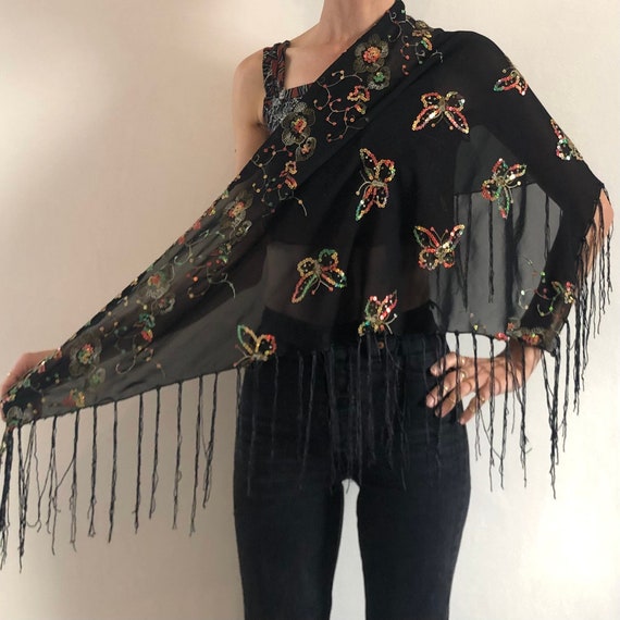 70's Mini Fringe Embroidered Butterflies Sequins Shawl - Etsy