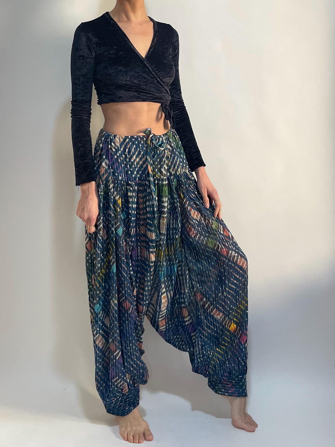70s Giorgio Kauten Indian Rayon Gauze Silver Lurex Striped Harem Pants ...