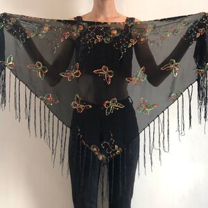 70s Mini Fringe Embroidered Butterflies Sequins Shawl Scarf Stevie