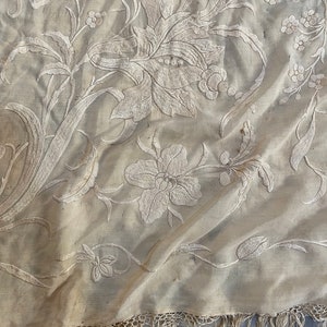 Antique Research Piece Damaged Fringe Silk Scarf With Hand Embroidered ...