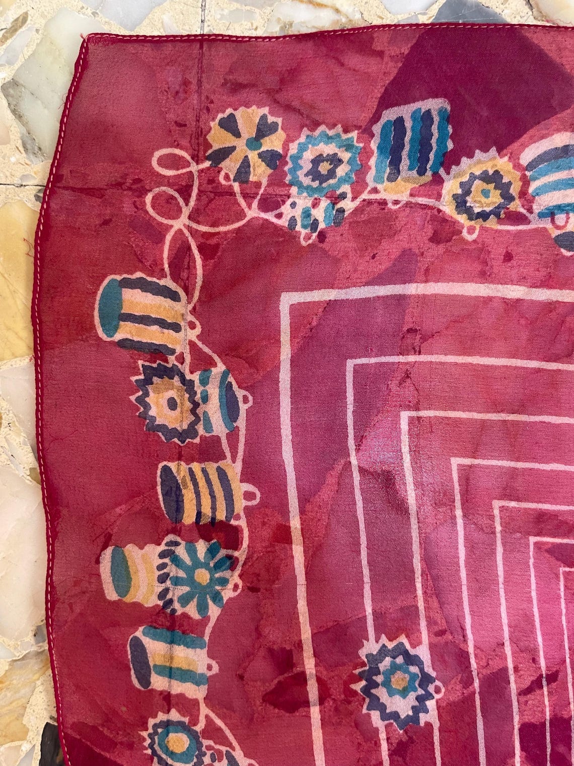 60s Sheer Silk Pocket Handkerchief Hot Pink With Paper Lantern Pattern ...