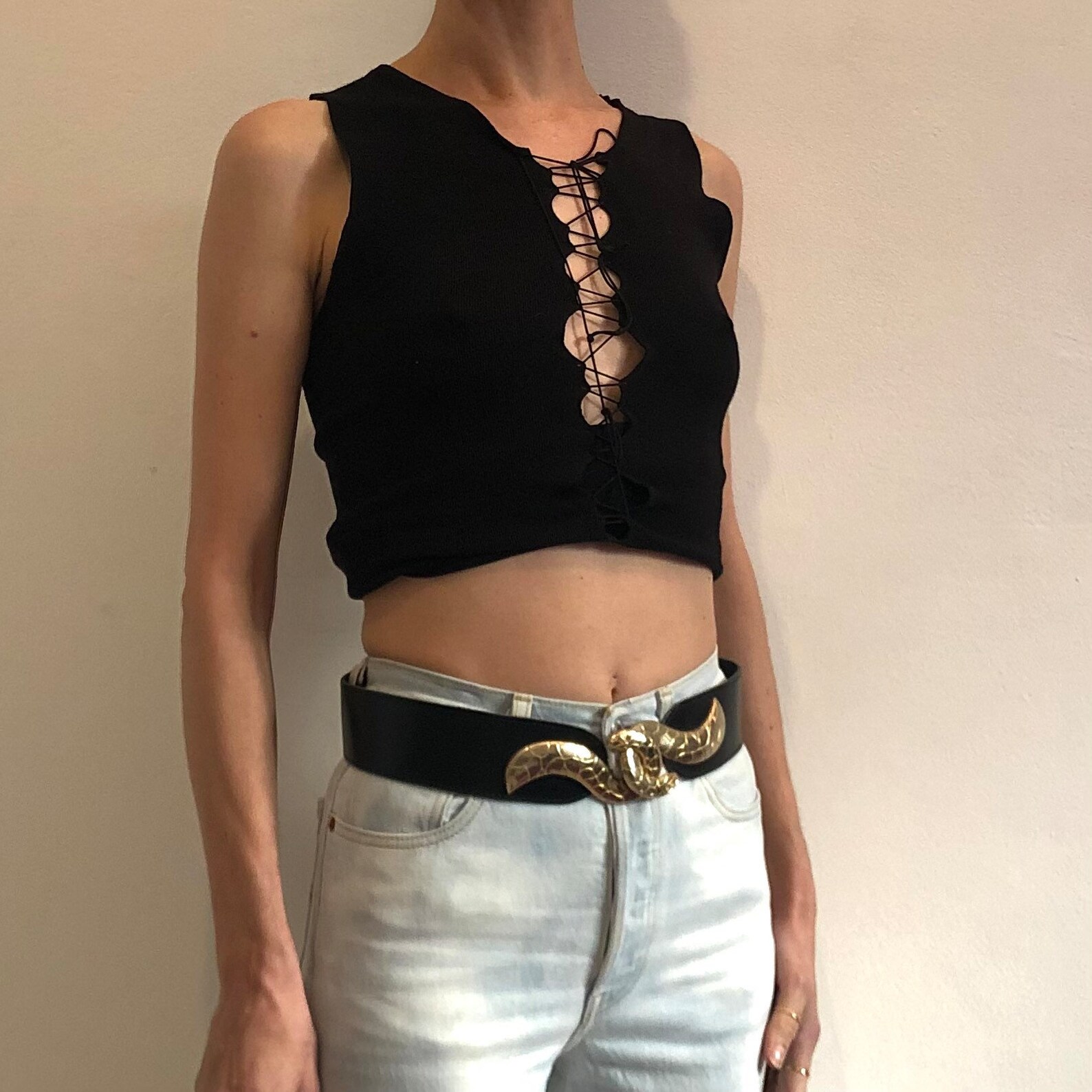 80s Snake Interlocking Black Leather Boho Heavy Metal Belt Silver ...