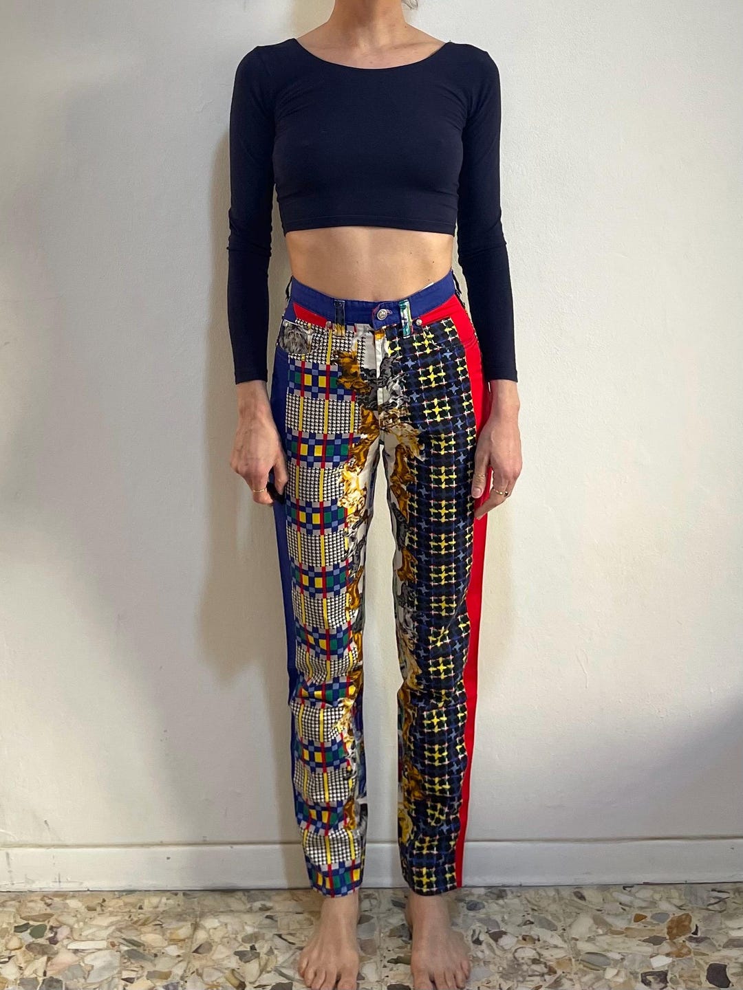 90s Versace Jeans Couture Funny Dogs and Houndstooth Super Model Jeans ...