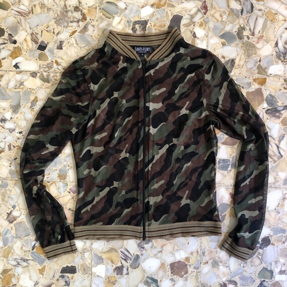Y2K Anti-Flirt Camo Camouflage Sheer Mesh Zip Up Crop… - Gem