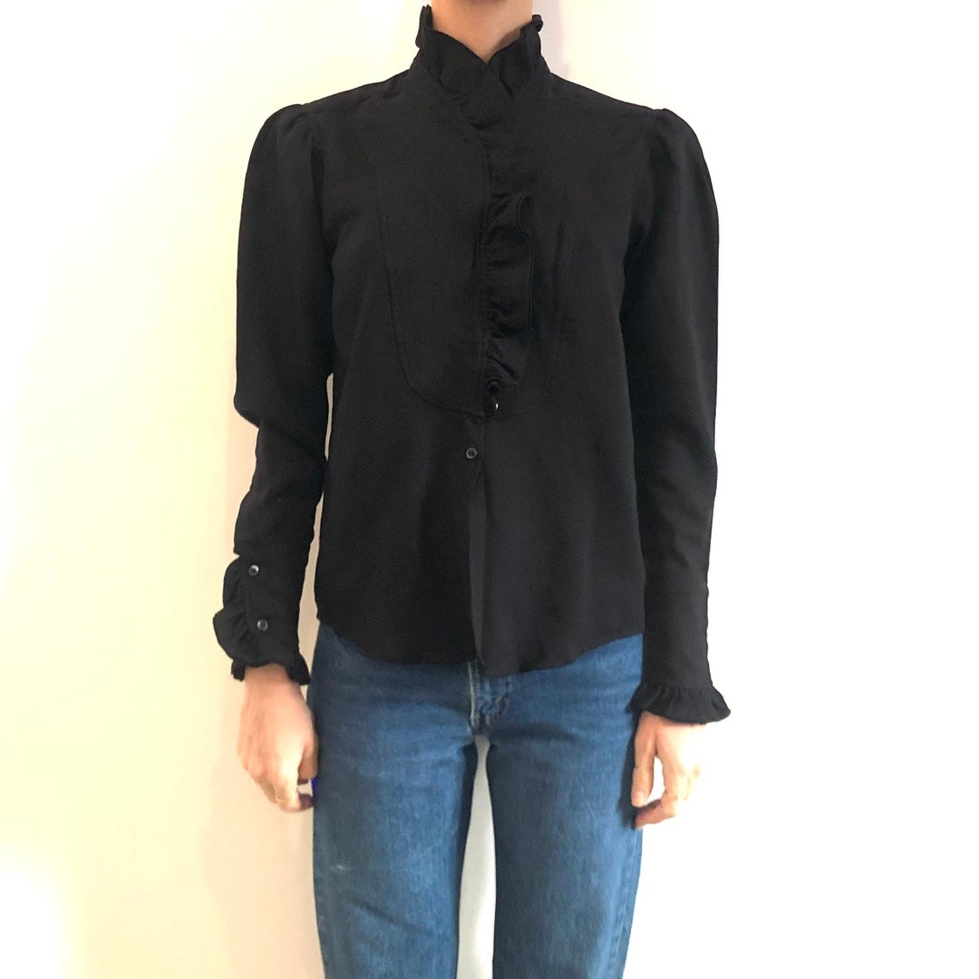 70s Kenzo Paris Black Wool Romantic Poets Blouse With Puff Sleeve and ...