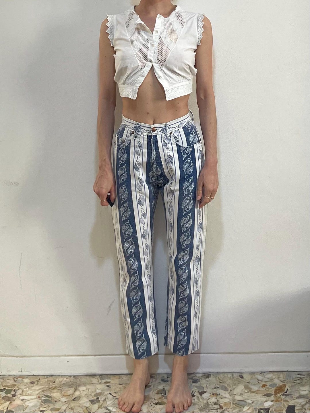 80s Kenzo Jeans Blue Interlocking Fish and Stripes Hippy Festival Denim ...
