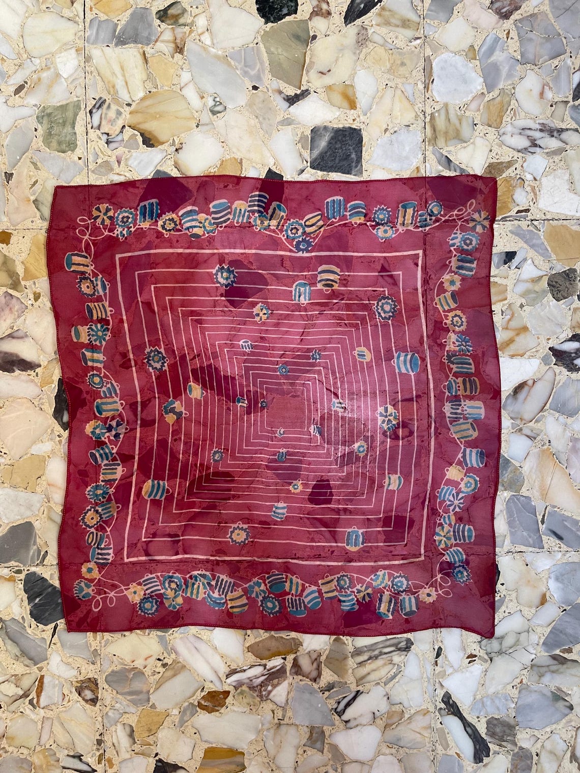 60s Sheer Silk Pocket Handkerchief Hot Pink With Paper Lantern Pattern ...