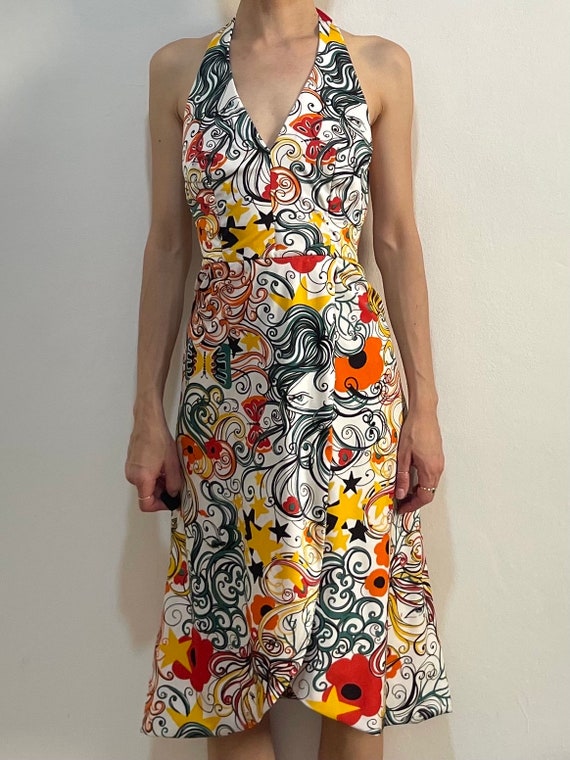 70s Peter Max Psychedelic Faces Poly Halter Dress Sma… - Gem