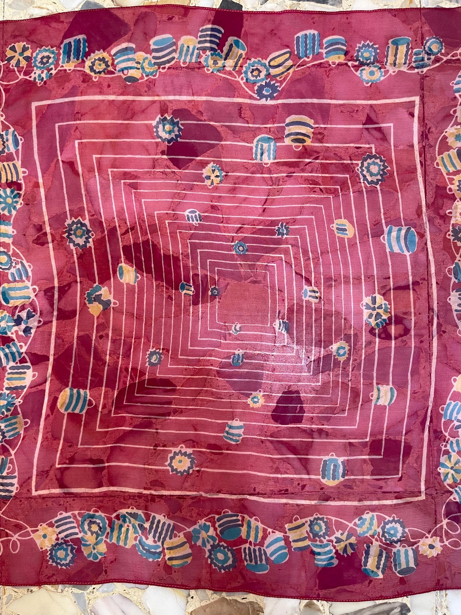 60s Sheer Silk Pocket Handkerchief Hot Pink With Paper Lantern Pattern ...