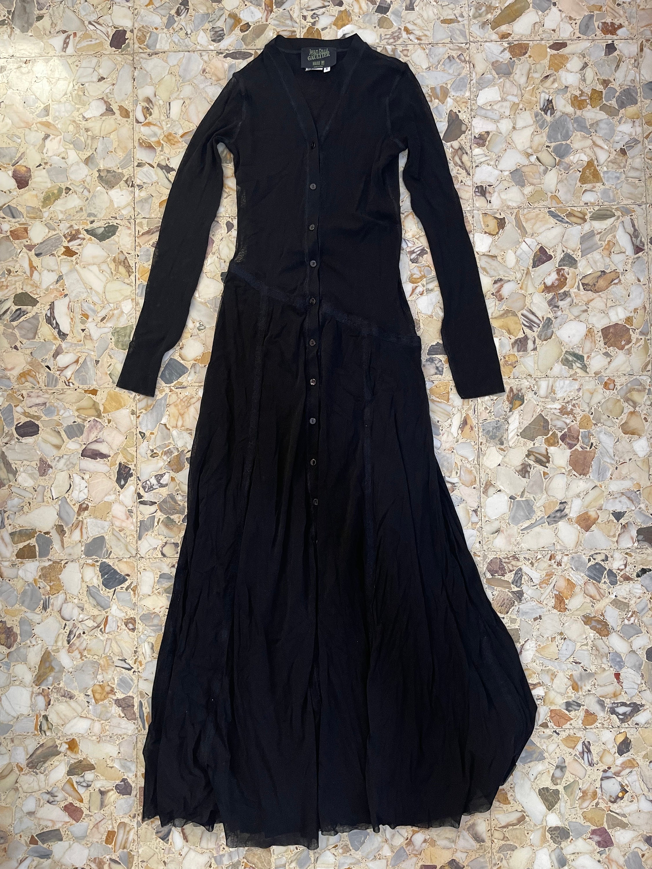 90s Jean Paul Gaultier Black Mesh Goth Maxi Dress Cardigan With Felted ...