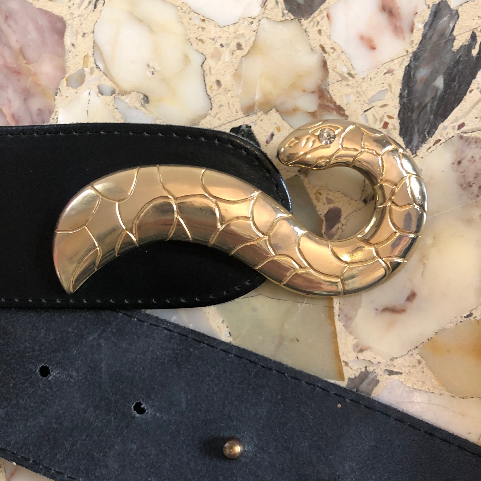 80s Snake Interlocking Black Leather Boho Heavy Metal Belt Silver ...