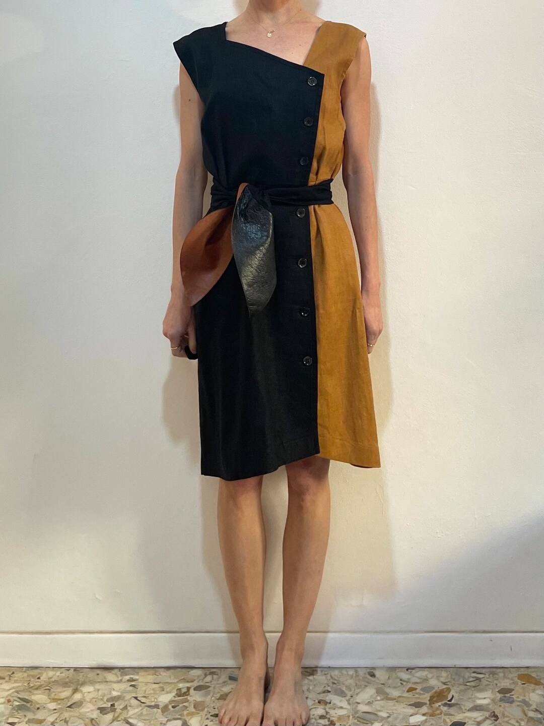 80s Yves Saint Laurent Linen Color Block Dress Sheath With Leather Belt ...