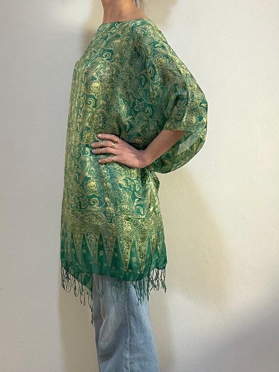 80s Sheer Indian Sheer Silk Poncho Top Green With Yel… - Gem