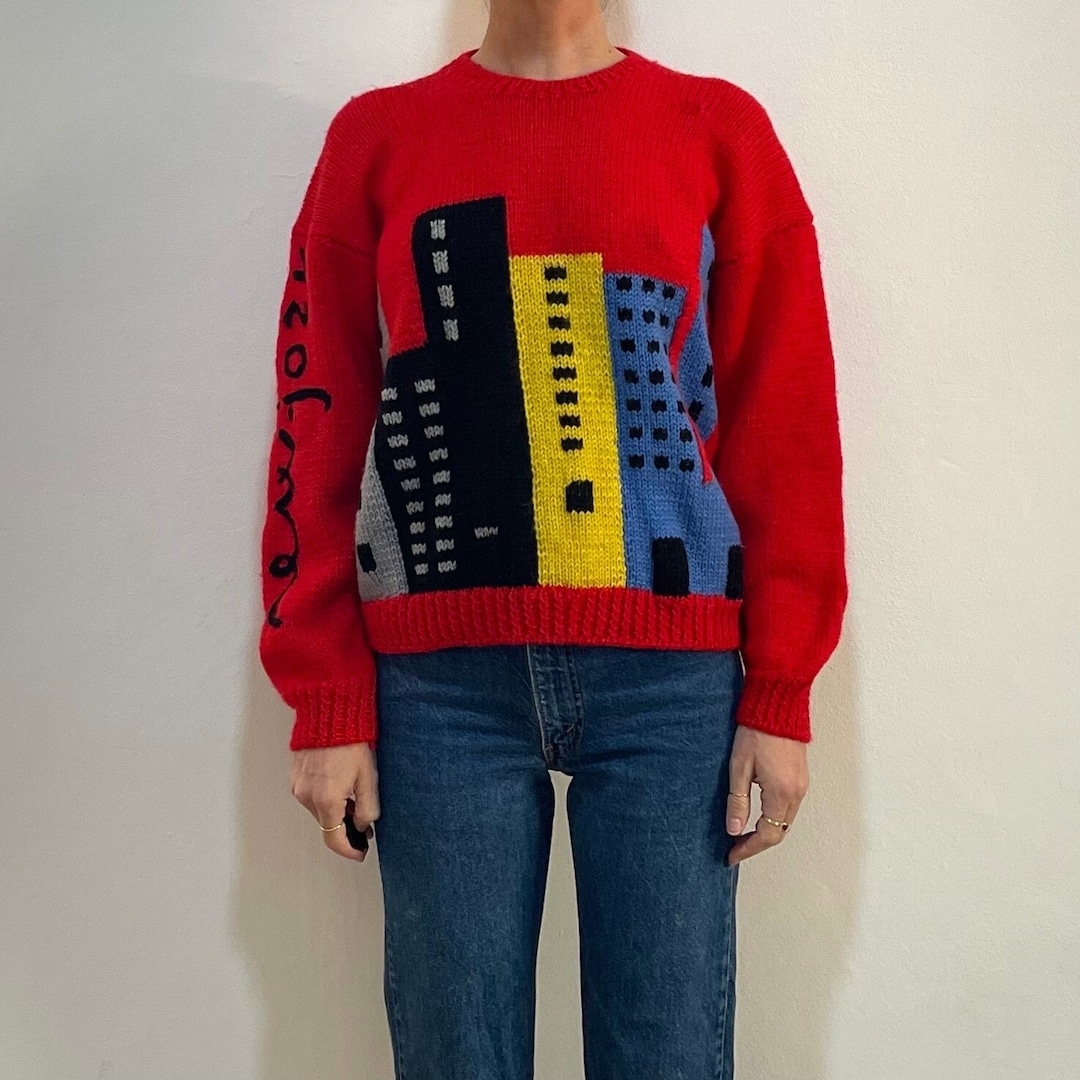 80s Hand Knit Wool New York Skyline Sweater Color Block Design - Etsy