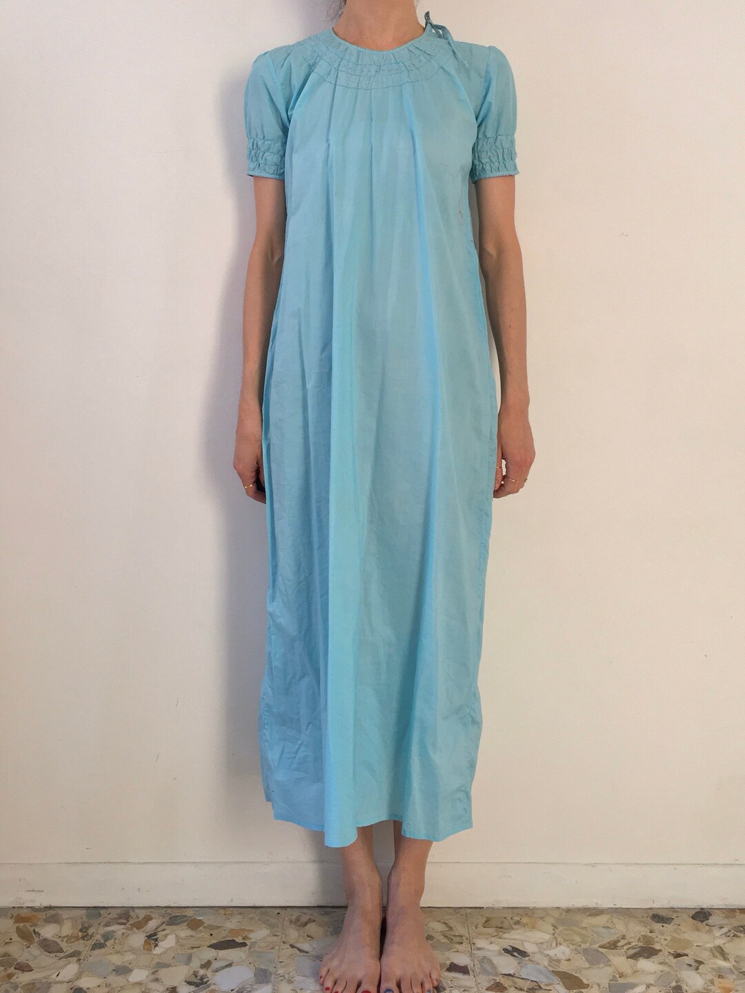 40s Turquoise Cotton Nightgown With Hand Embroidery and Smocking - Etsy