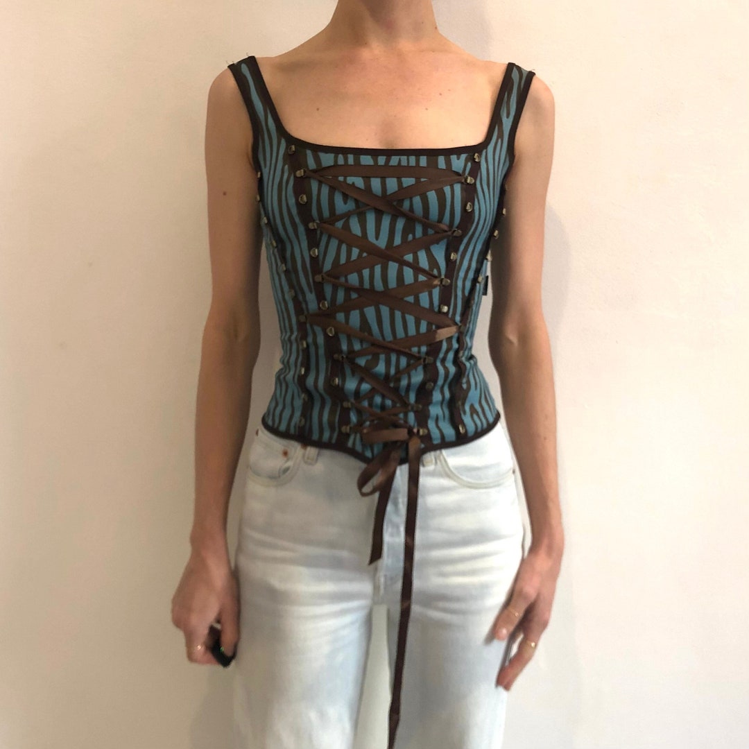 Y2K Anti-flirt Club Kid Corset Lace up Front Animal Print Raver Top ...