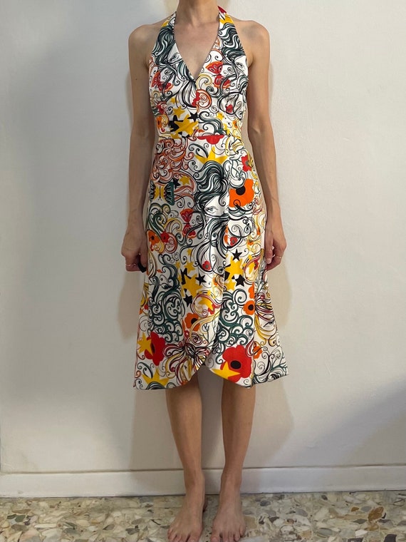 70s Peter Max Psychedelic Faces Poly Halter Dress Sma… - Gem