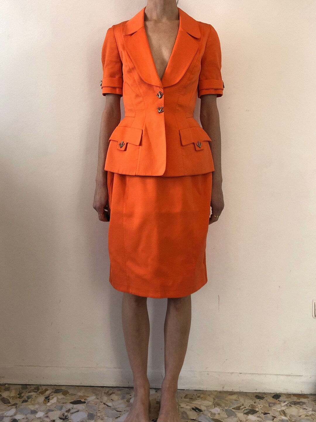 80s Mugler Orange Sailor Button Short Sleeve Hourglass Fitted Jacket ...