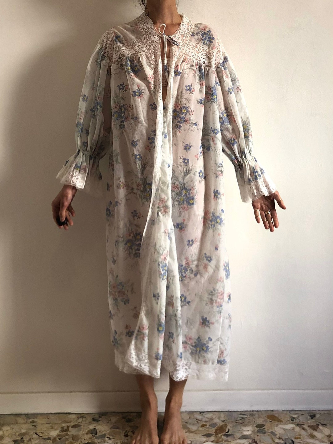 60s Sheer Floral Nylon and Lace Sexy Robe Vintage Lingerie Nightgown ...