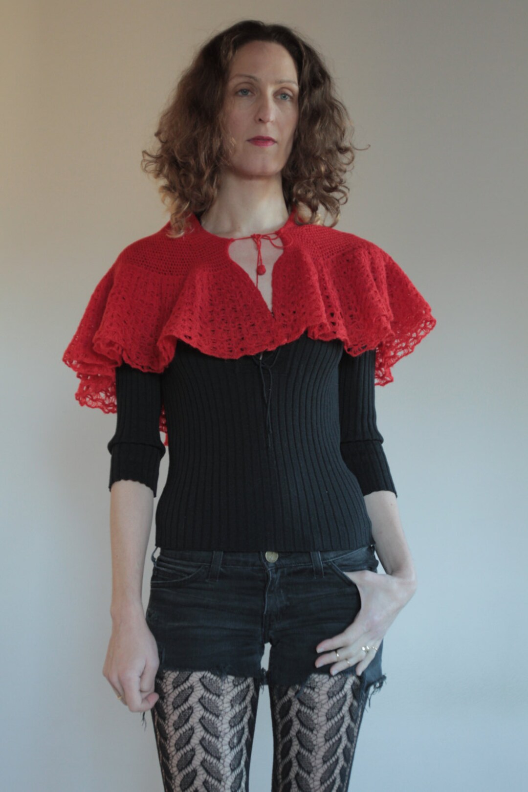 70s Little Red Riding Hood Hand Knitted Wool Granny Crochet Caplet - Etsy