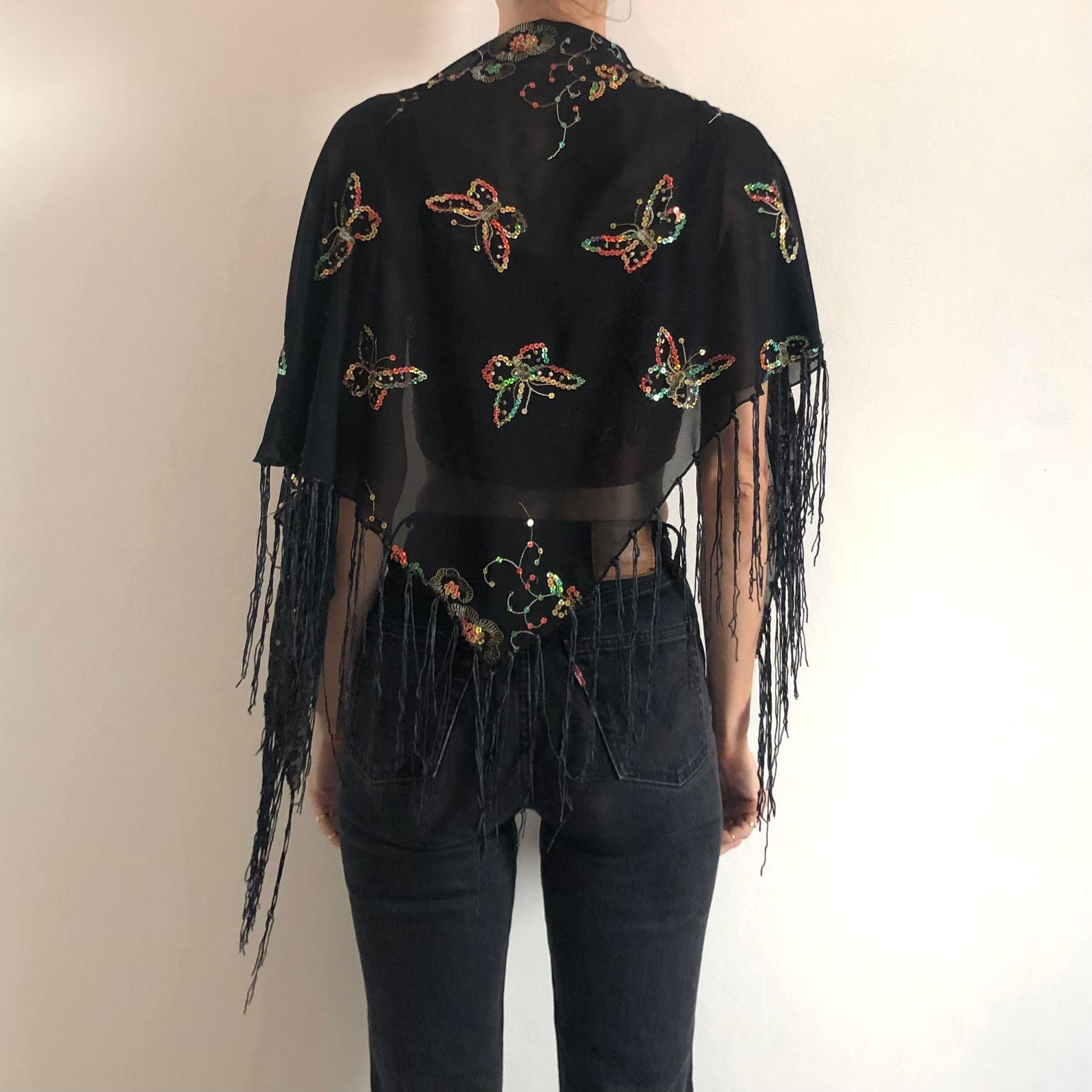 70's Mini Fringe Embroidered Butterflies Sequins Shawl - Etsy