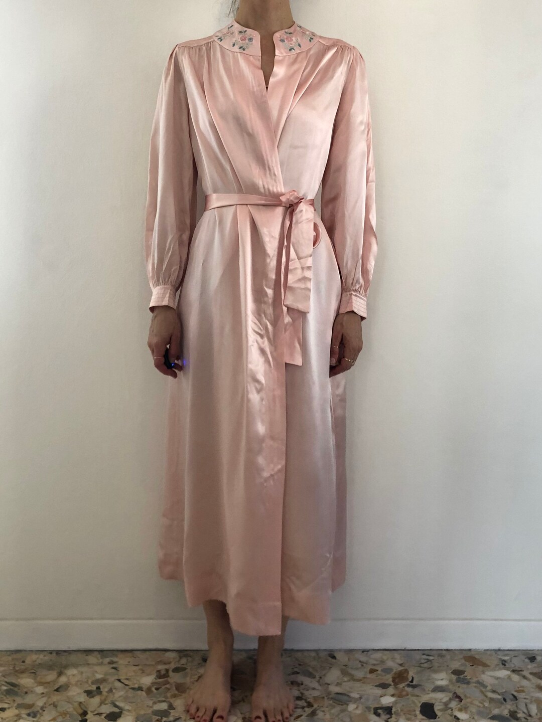 60s Pale Pink Silk Satin Maxi Robe With Hand Embroidered Flowers and ...