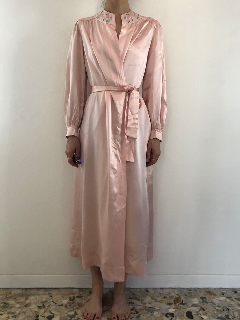 60s Pale Pink Silk Satin Maxi Robe With Hand Embroidered - Etsy
