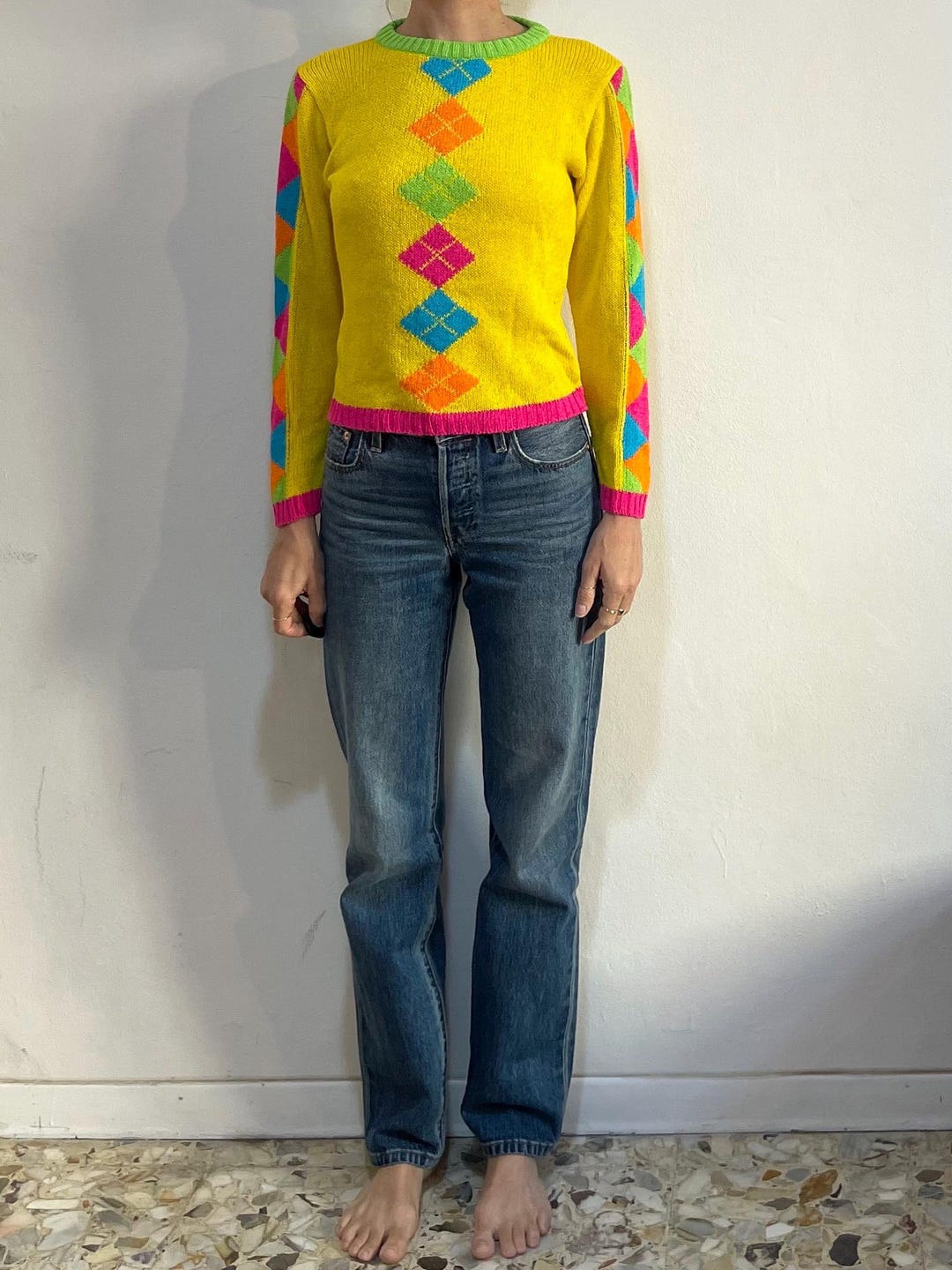 90s Versace Jeans Couture Yellow Argyle Knit Preppy Clueless Sweater - Etsy