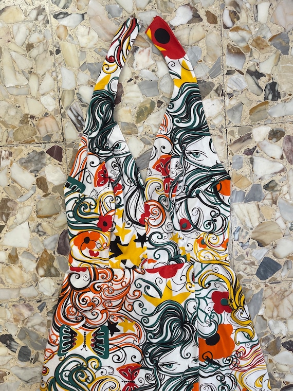 70s Peter Max Psychedelic Faces Poly Halter Dress Sma… - Gem