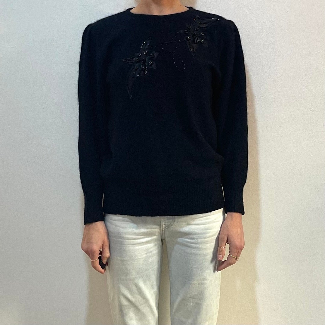 80s Black Angora Floral Applique Sweater Pin up Sweater Girl With ...