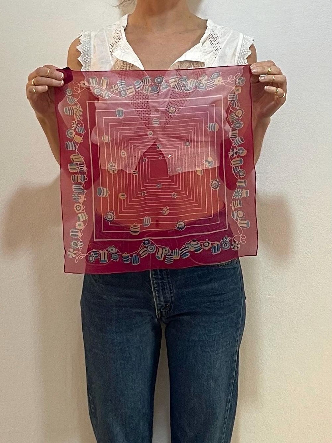 60s Sheer Silk Pocket Handkerchief Hot Pink With Paper Lantern Pattern ...