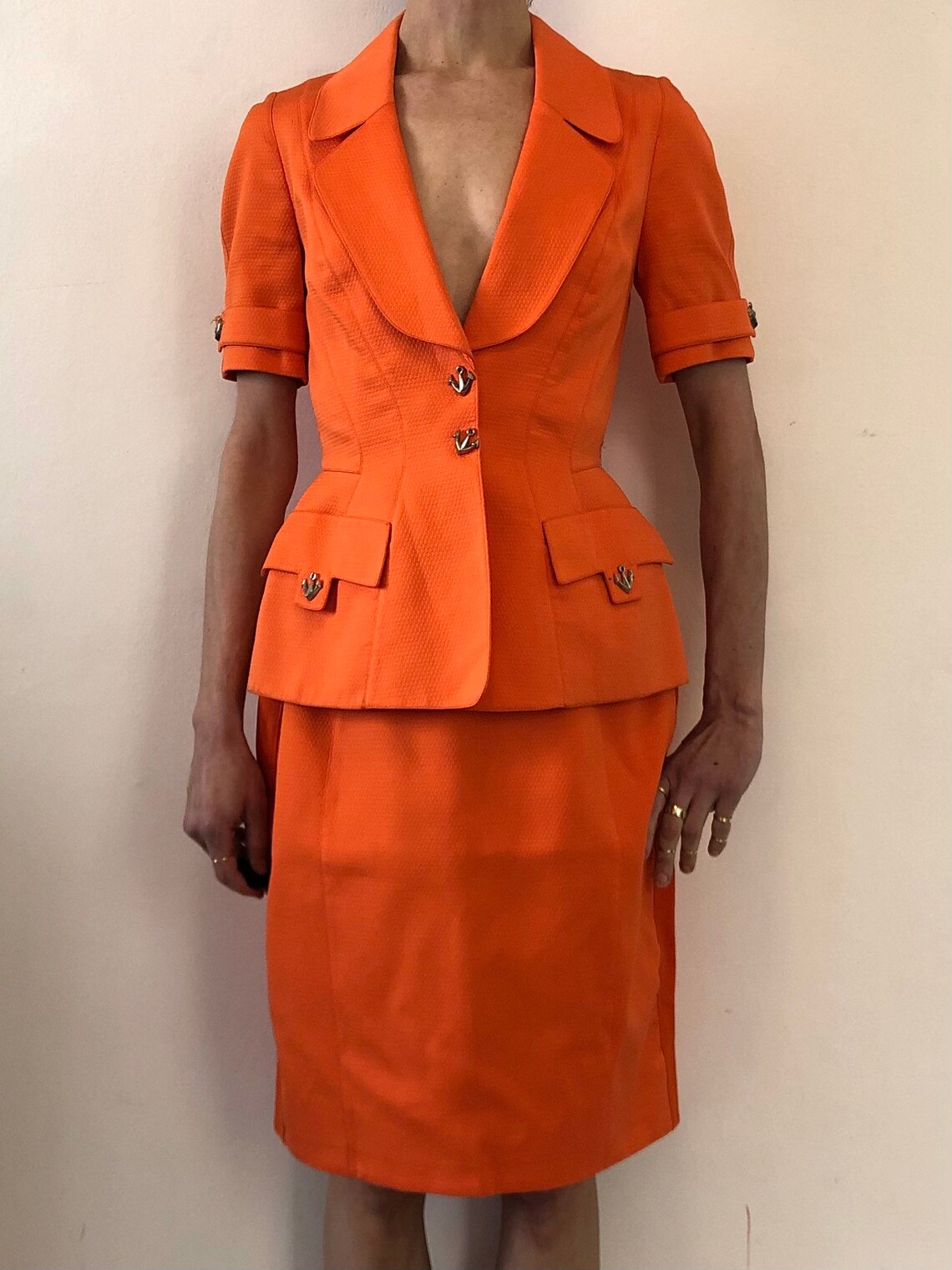 80s Mugler Orange Sailor Button Short Sleeve Hourglass Fitted Jacket ...