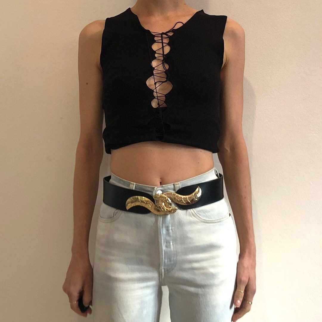 80s Snake Interlocking Black Leather Boho Heavy Metal Belt Silver ...