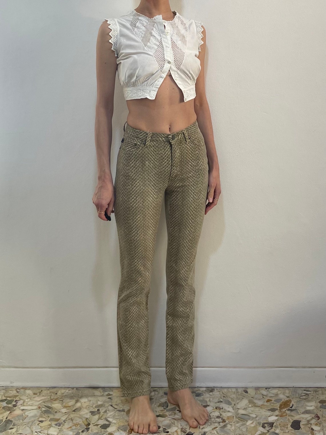 90s Cavalli Beige Snake Skin Euro Trash Stretch Skinny Jeans Extra ...