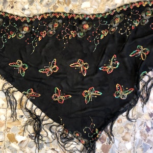 70s Mini Fringe Embroidered Butterflies Sequins Shawl Scarf Stevie