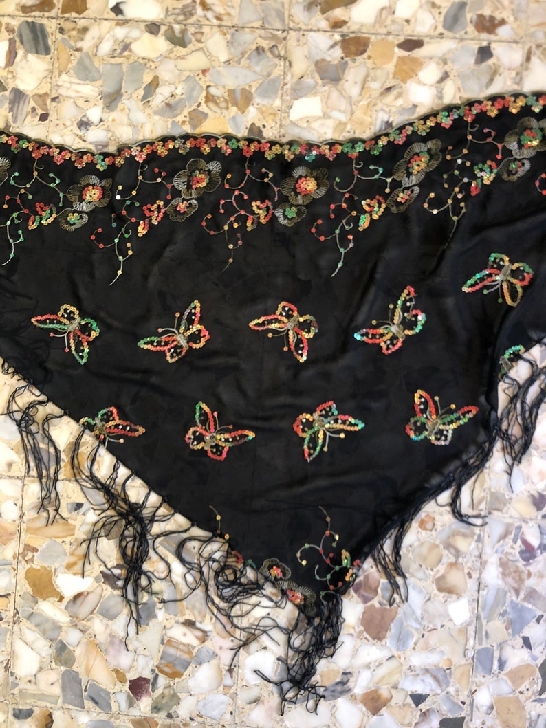 70's Mini Fringe Embroidered Butterflies Sequins Shawl - Etsy