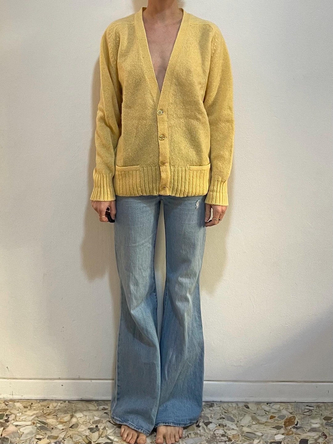 80s Pringle Wool Pastel Yellow Cardigan With Pockets - Etsy