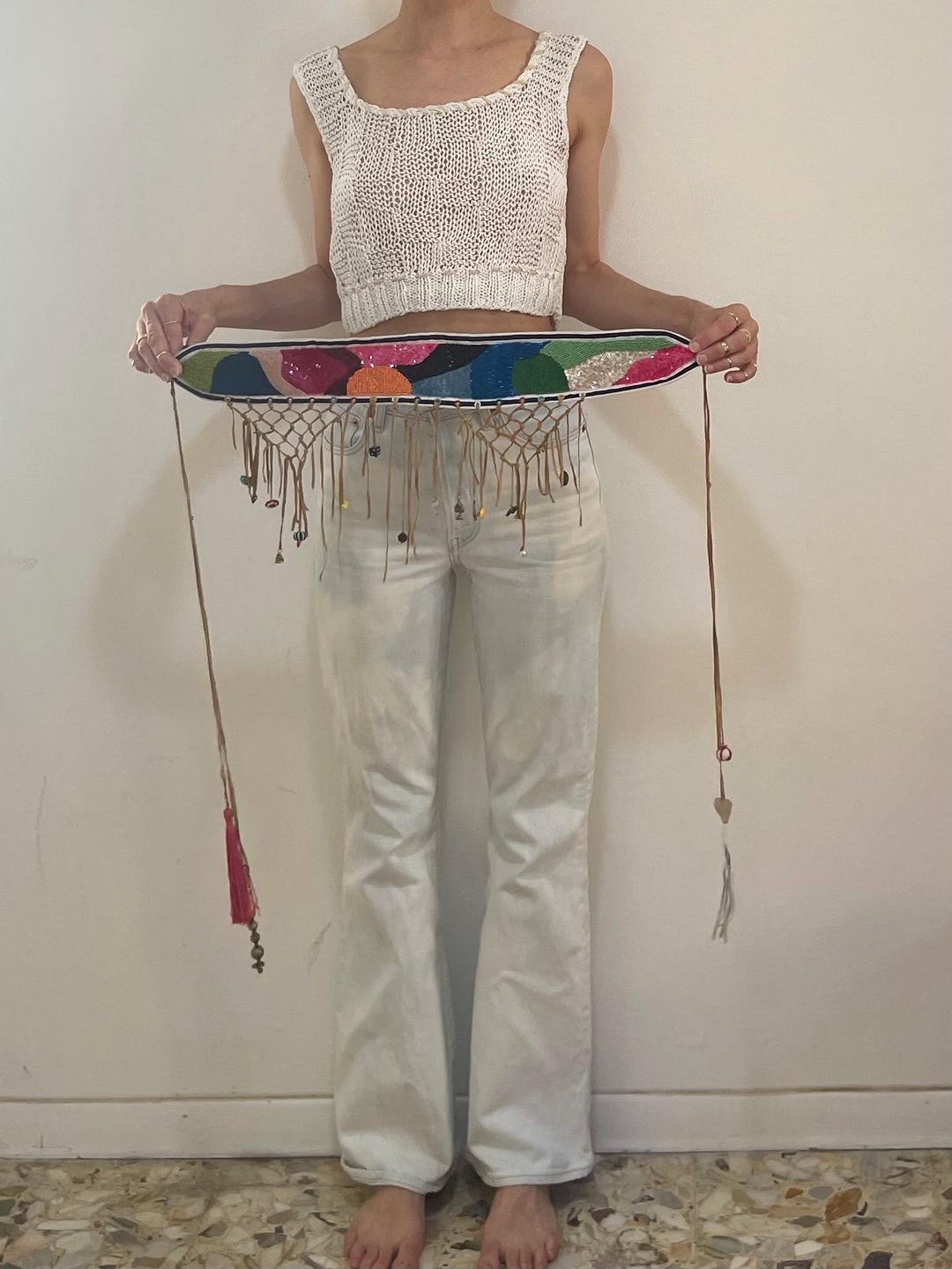 80s Christian Lacroix Belt With Leather Fringe, Beads and Sequins Hippy ...