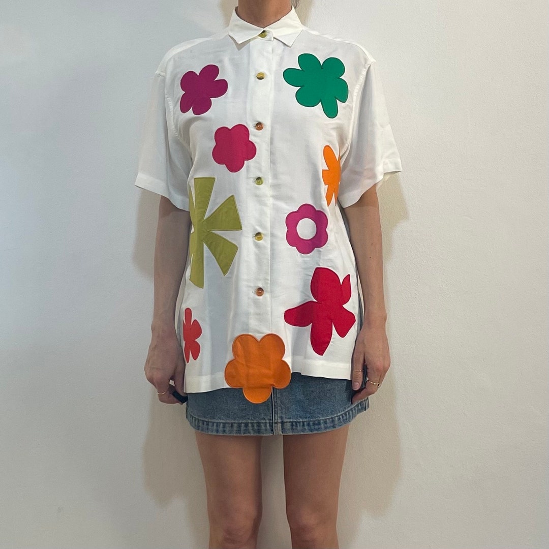 90s Todd Oldham Rayon Hippy Flower Applique Oversize Shirt Blouse - Etsy