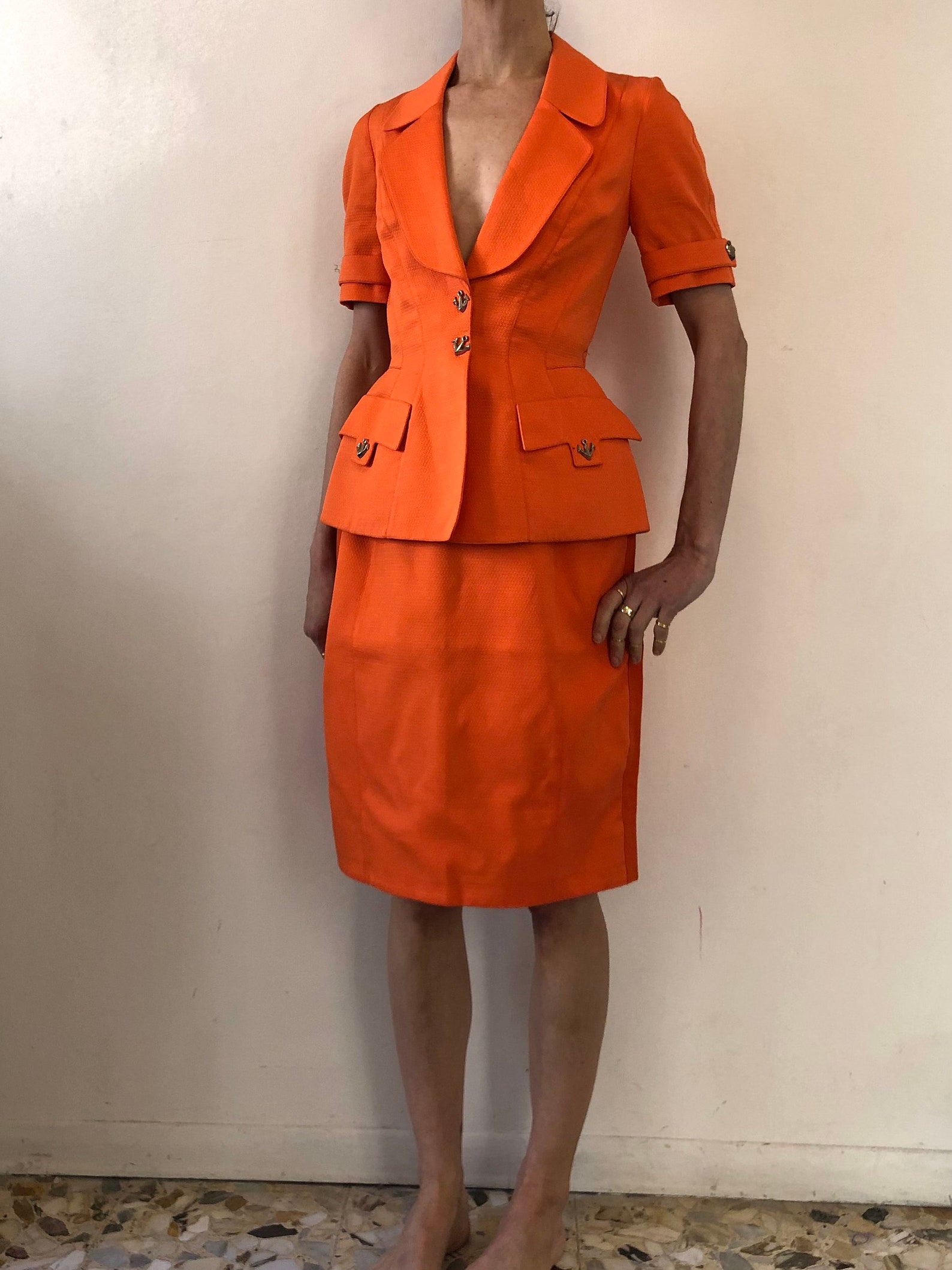 80s Mugler Orange Sailor Button Short Sleeve Hourglass Fitted Jacket ...
