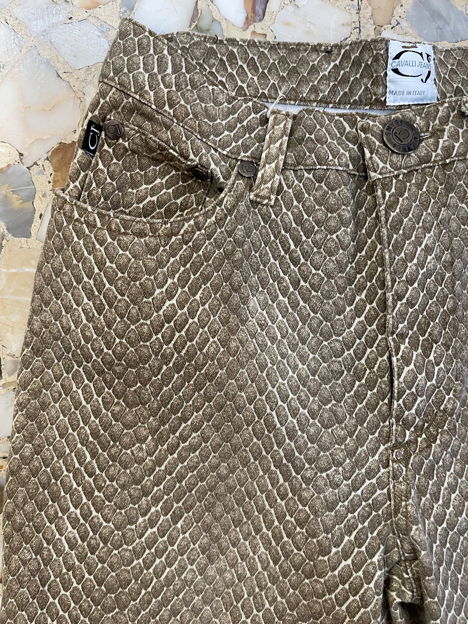 90s Cavalli Beige Snake Skin Euro Trash Stretch Skinny Jeans Extra ...