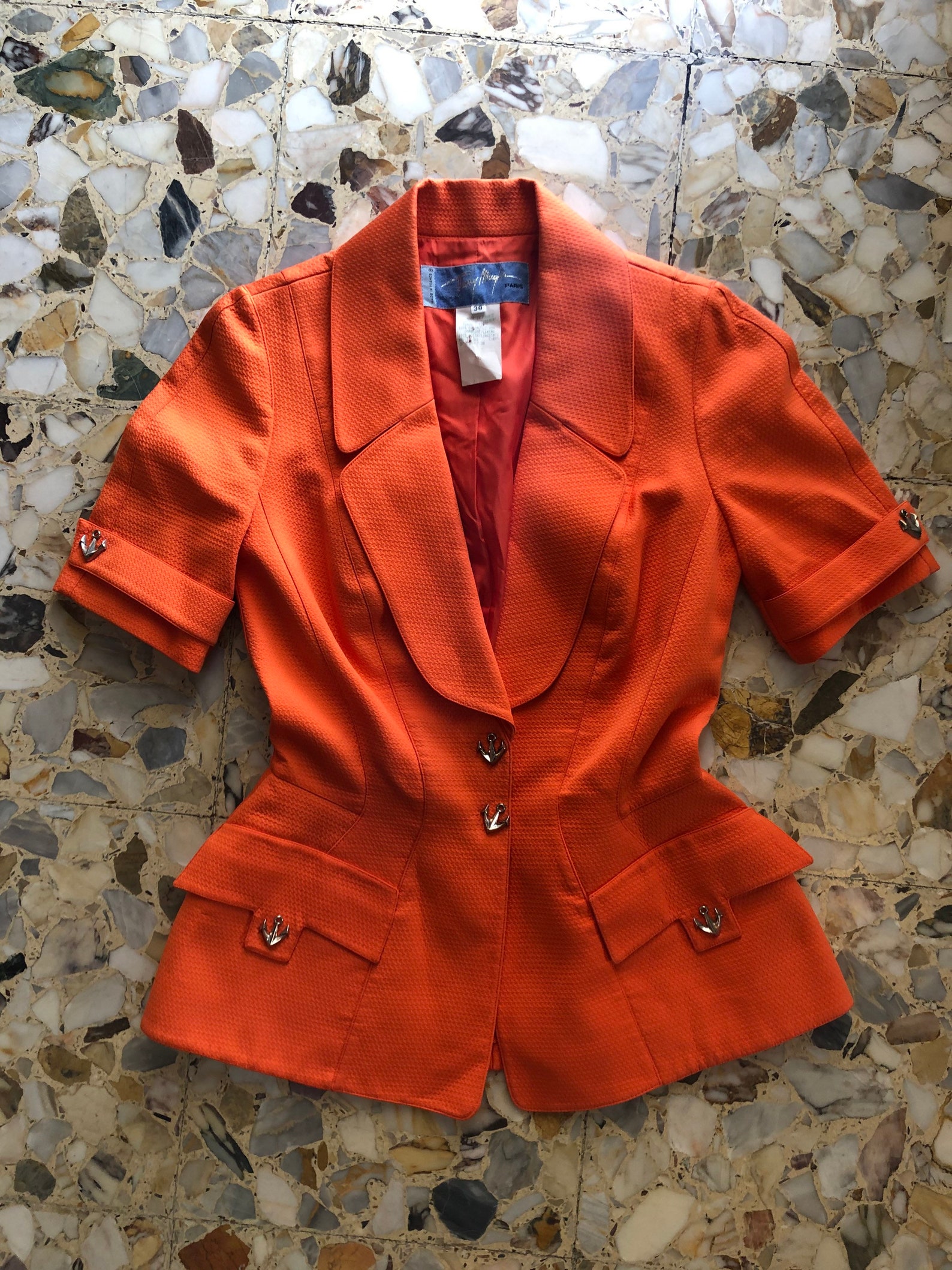 80s Mugler Orange Sailor Button Short Sleeve Hourglass Fitted Jacket ...