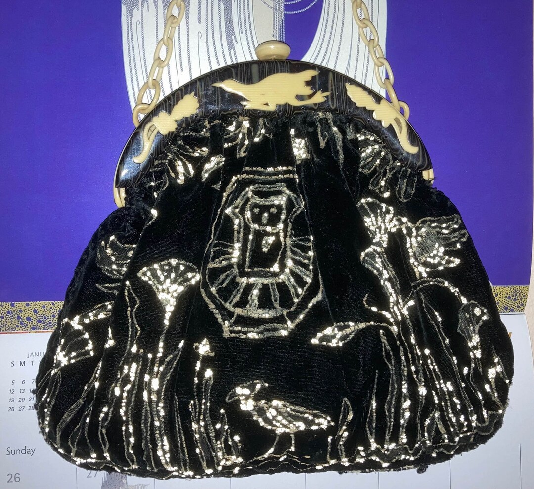 Rare Deco EGYPTIAN Velvet Bag Figural CELLULOID Frame vintage Egypt ...