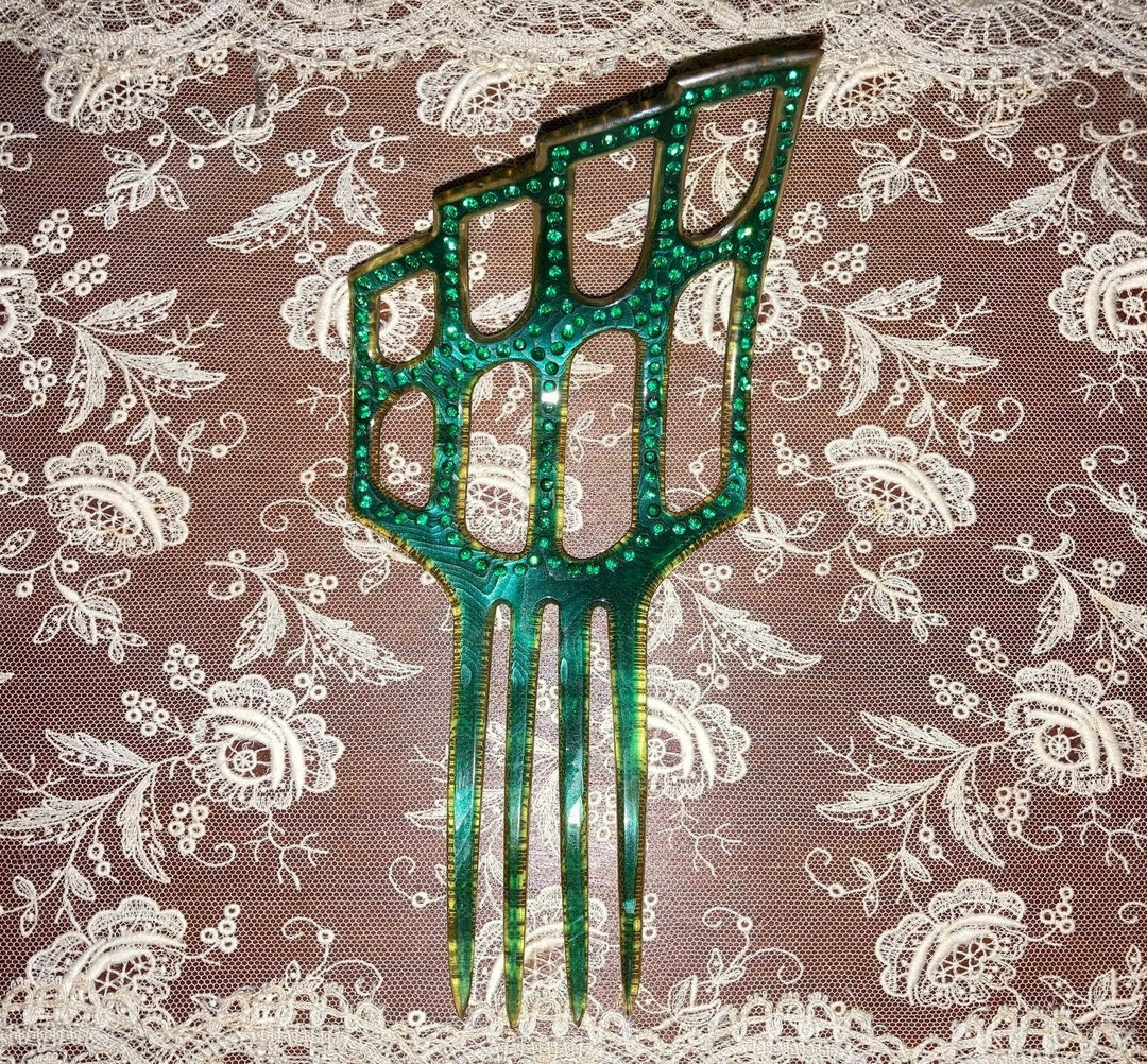 Emerald Green DECO Vintage Hair Comb Marbled Celluloid JEWELED Hair ...
