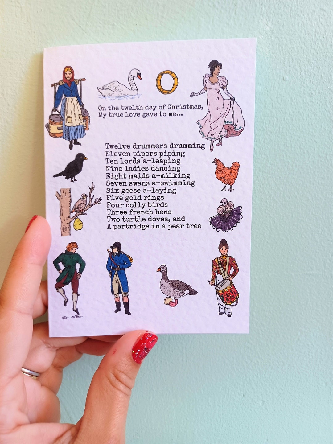 Twelve Days of Christmas Illustrations and Text - Christmas Card, A6 ...