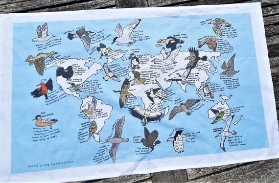 Bird migration world map tea towel | Etsy