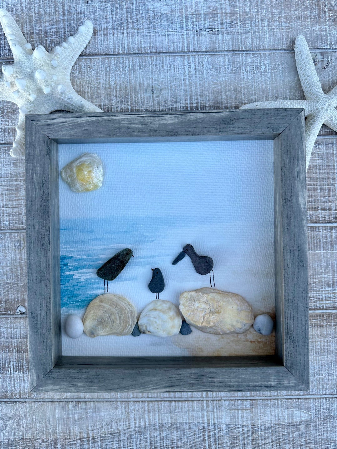 Pebble Art, Shell Art, Coastal Decor, Seagulls, Ocean Birds, Family of ...