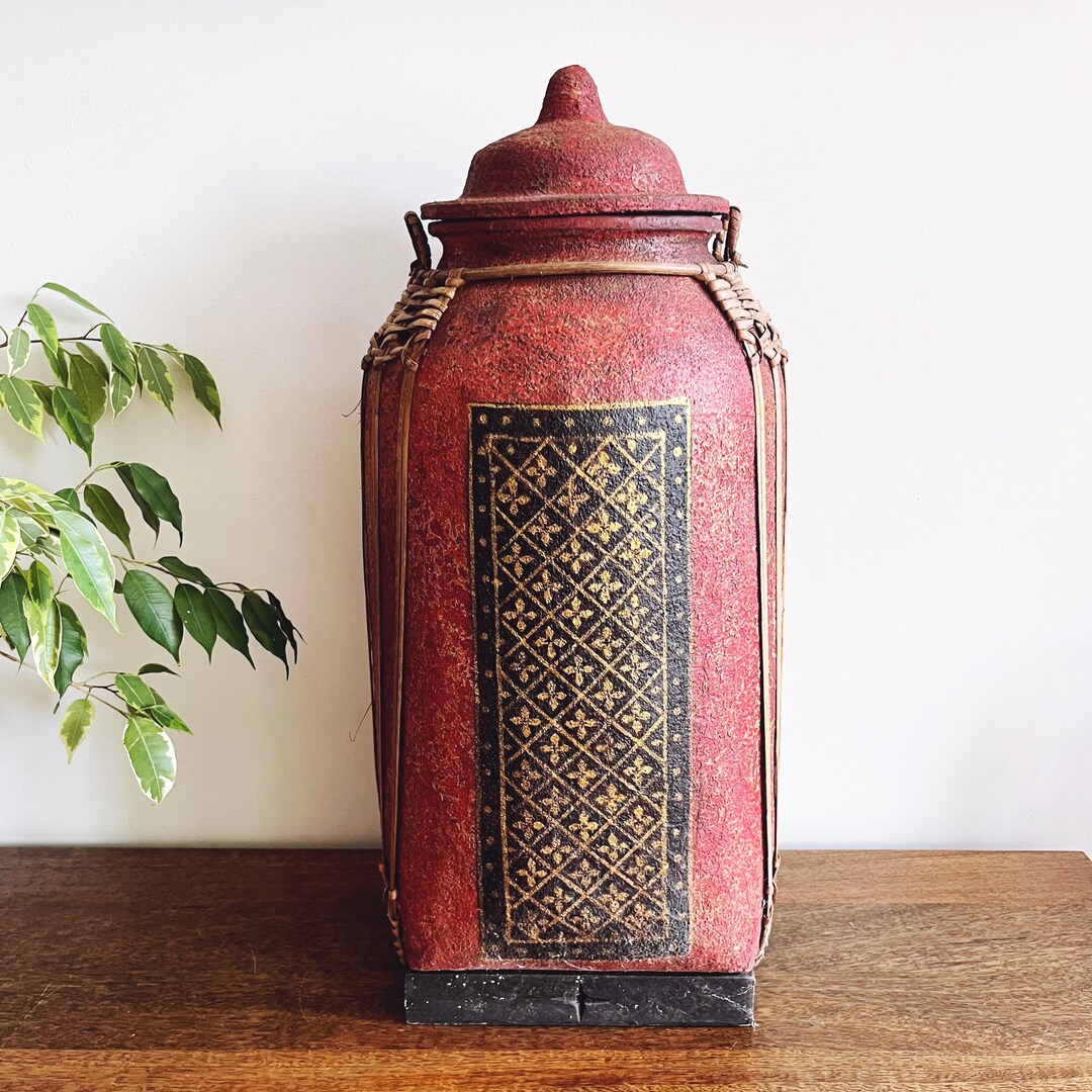 Vintage Thai Large Painted Wooden Rice Container - Etsy