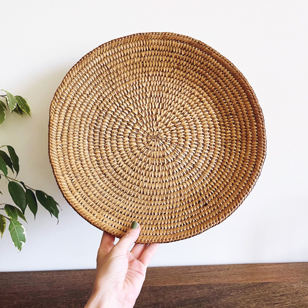 Vintage Handwoven Coiled Rattan Flat Basket Tray - Etsy